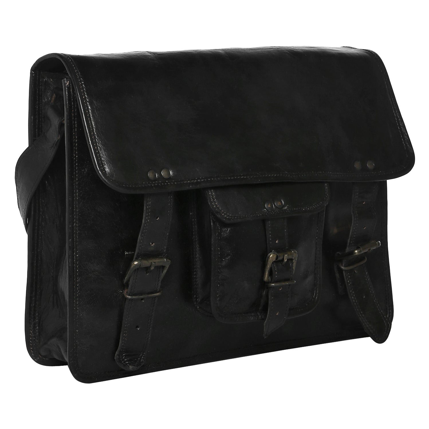 Black leather satchel 15inch — High On Leather